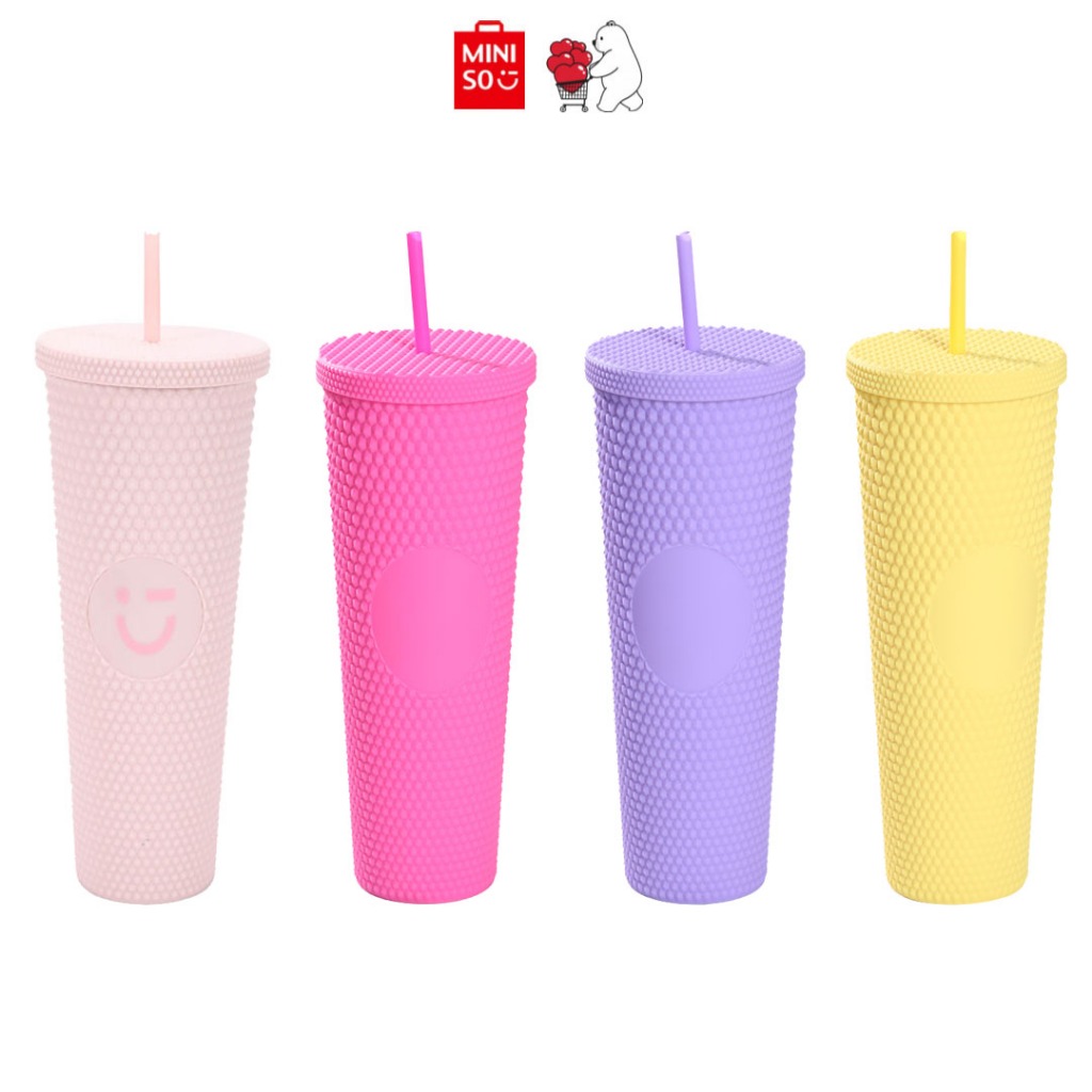 Miniso Solid Color Studded Plastic Tumbler with Straw 700mL Purple Rose Gold Rose Red Yellow ...