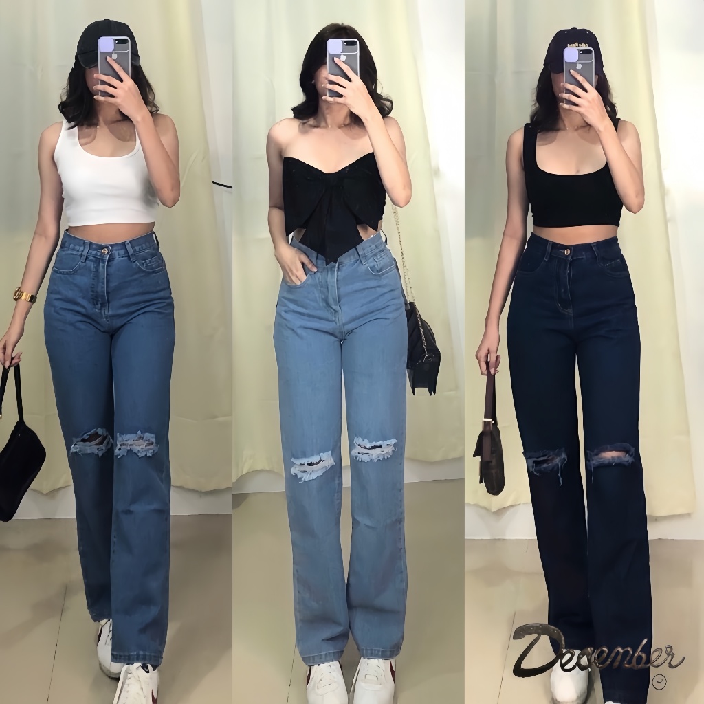 New Style high waist Ripped Jeans Maong Pants For Women | Shopee ...