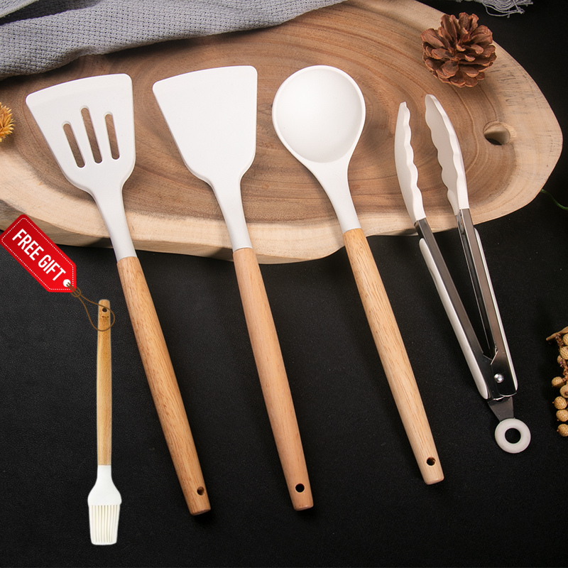 4pcs Cooking Utensils Silicone Materia Heat Resistant Non-Stick Wooden ...