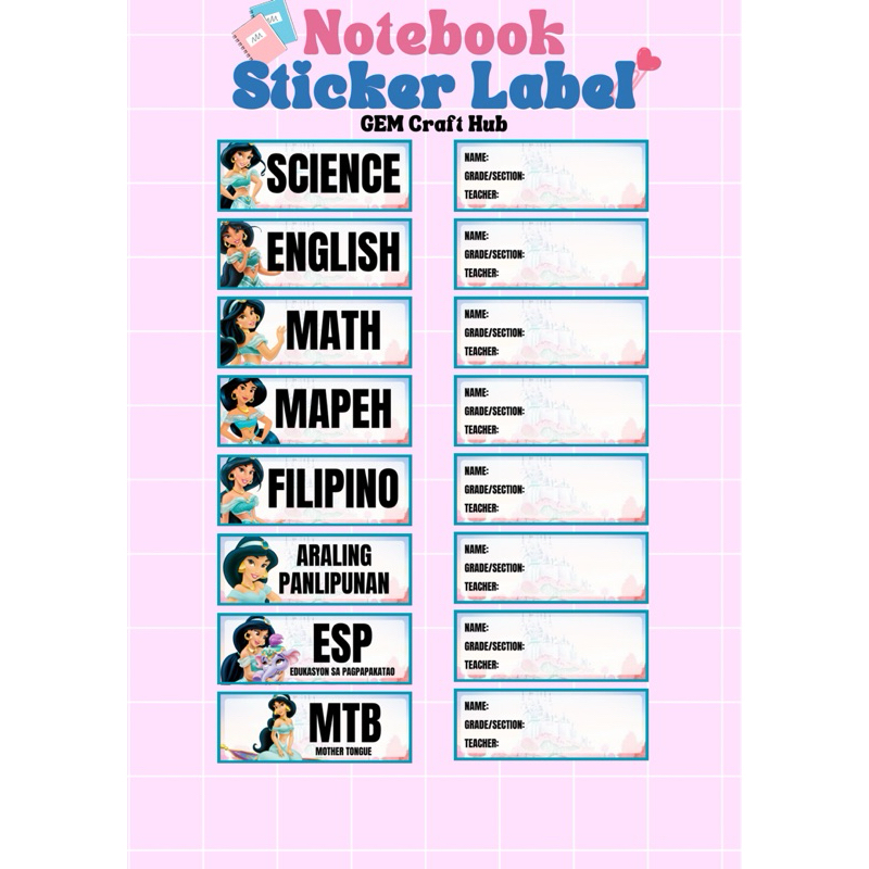 GEM Notebook Subject and Name Sticker Label GRADE 1 TO 6 | Shopee ...