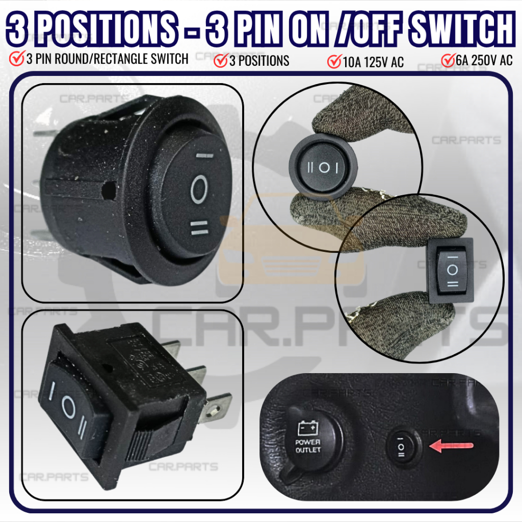 CP On-Off-On 3 Pin Switch 6A 250V AC/10A 125V AC Power Switch Cover ...