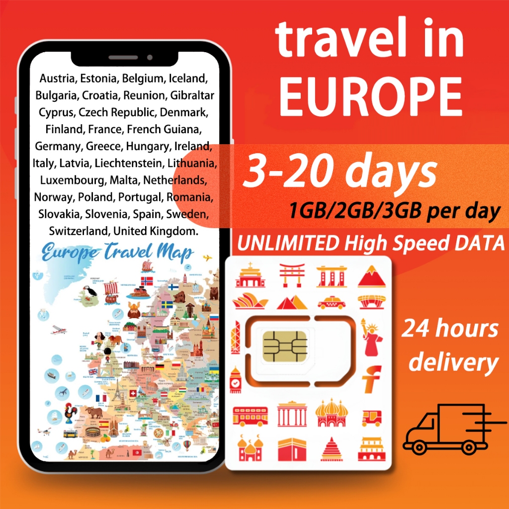 EUROPE 35 countries Travel Sim Card 3~20days【Daily 1GB/2GB HIGH SPEED ...