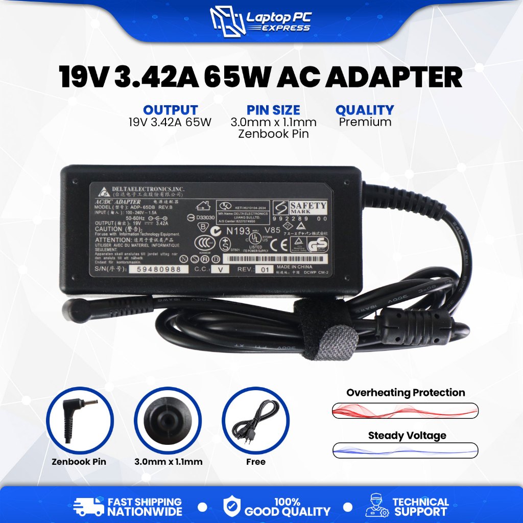 LPCE Laptop Charger 19V 3.42A 65W Zenbook Pin 3.0mm X 1.1mm Compatible With Asus UX21 UX21E ...