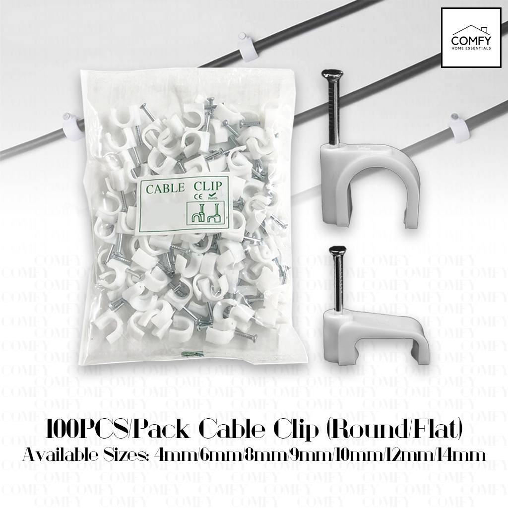(100PCS/PACK) Cable Nail Clamp PVC Clips Ethernet LAN TV Electric Wires Organizer Round Flat ...