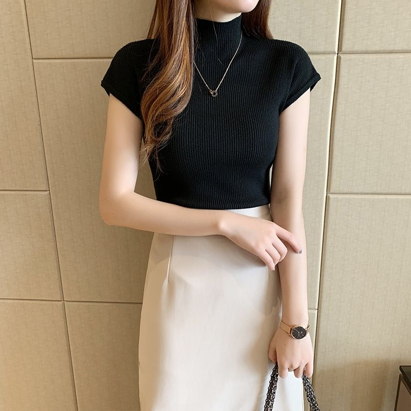 Turtleneck Knit Top Short Sleeve Blouse Thick Fabric Makapal Cotton ...