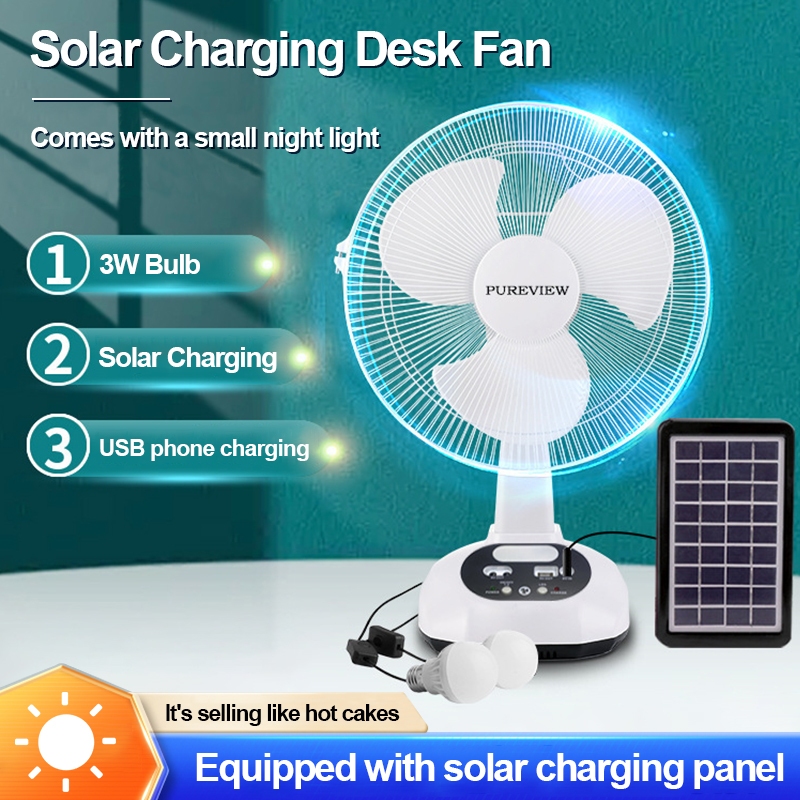 JT Chargeable Solar Electric Fan with Panel and 2 Bulbs Rechargable Fan ...