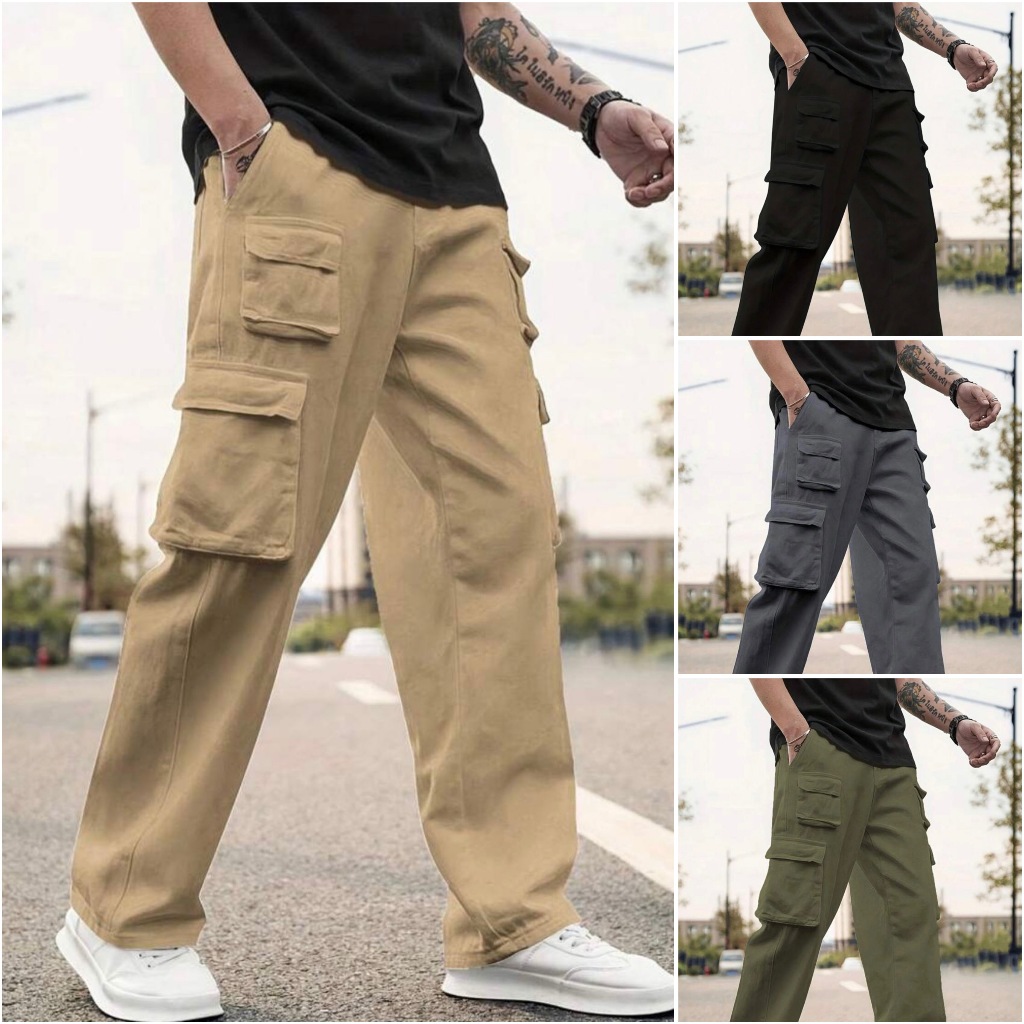 KICKSFASHION Unisex 4 Pockets Solid Cargo Pants Garterized Waistline ...