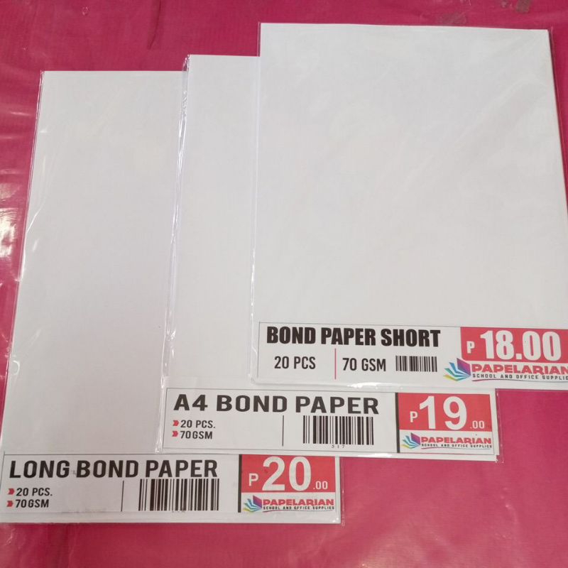 BONDPAPER PACK PER 20SHEETS 70gsm (short,A4 and long) | Shopee Philippines