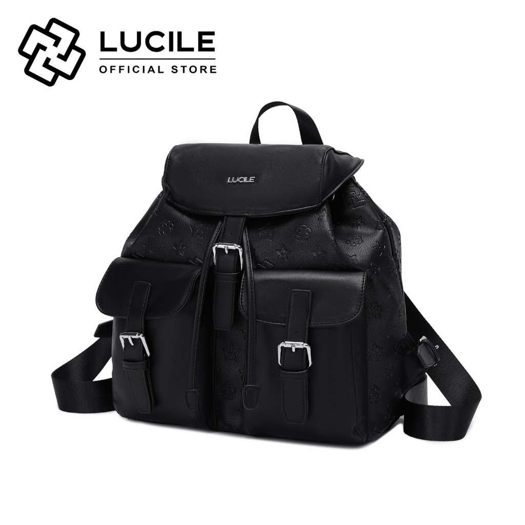 Lucile LUC007 Embossed Black Leather Drawstring Backpack for Women ...