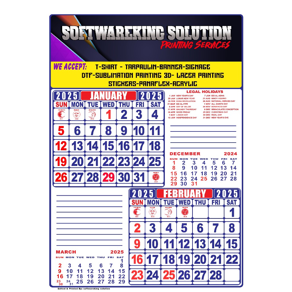 A3 PERSONALIZED COMMERCIALS CALENDARS 2025 (SIZE 297mm x 420mm) 11.7x16 ...