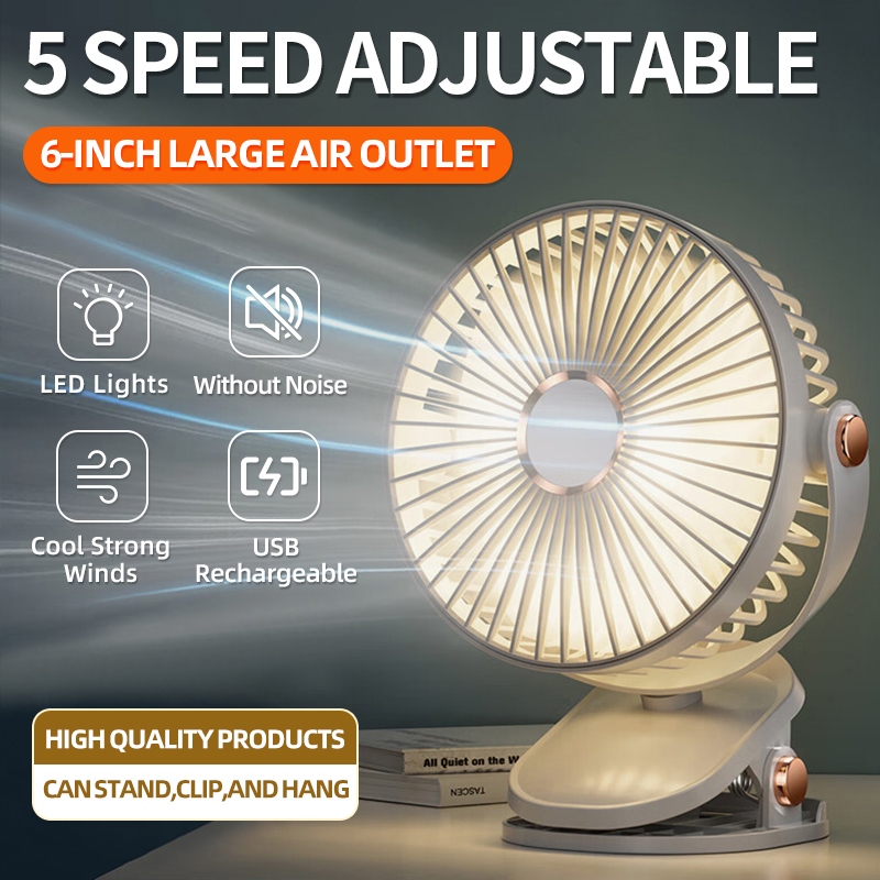 15000mAh Portable USB Rechargeable Clip Fan with Light Mini Desk Fan ...