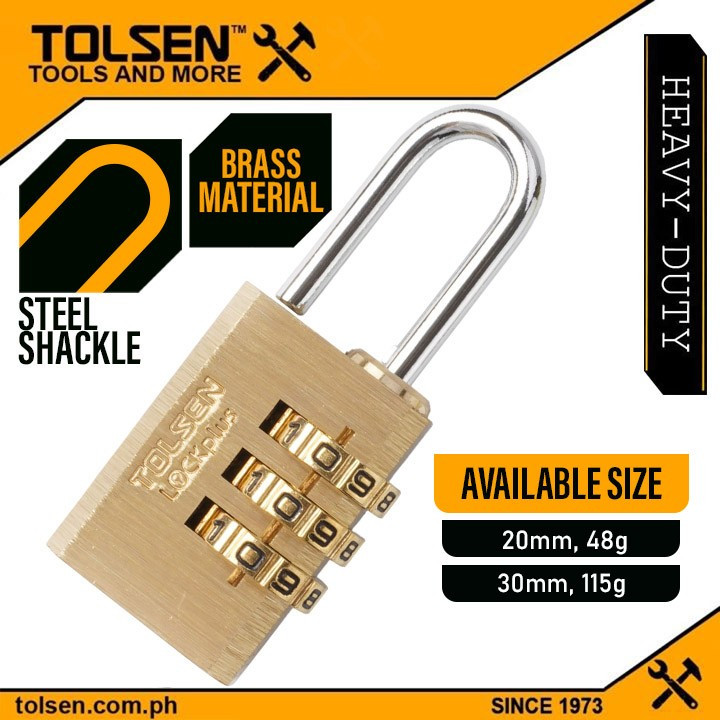 Tolsen Industrial Combination Brass Padlock w/ 3 Code Wheels (20mm ...
