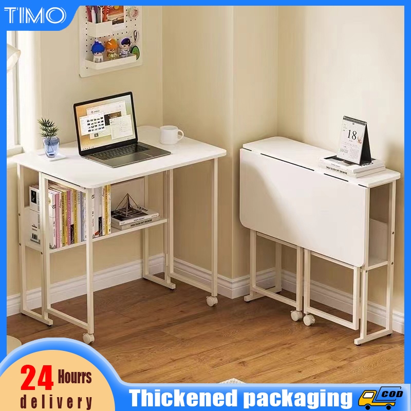 Nordic Folding Table Portable Computer Table With Wheels 2-Layer Office ...