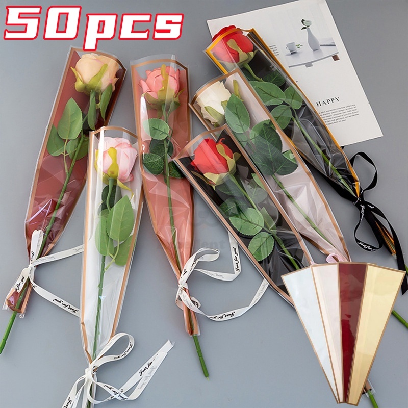 50pcs Plastic Single Rose Flower Gift Bags Packaging and Flower ...