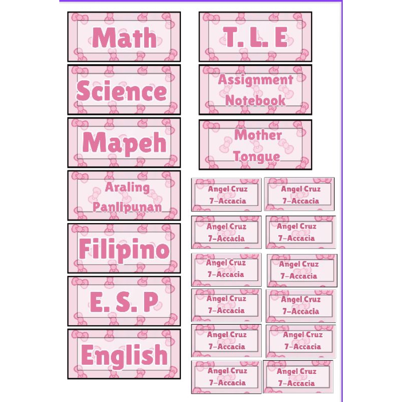 Customized Subject and names sticker label (pls send name, grade§ion ...