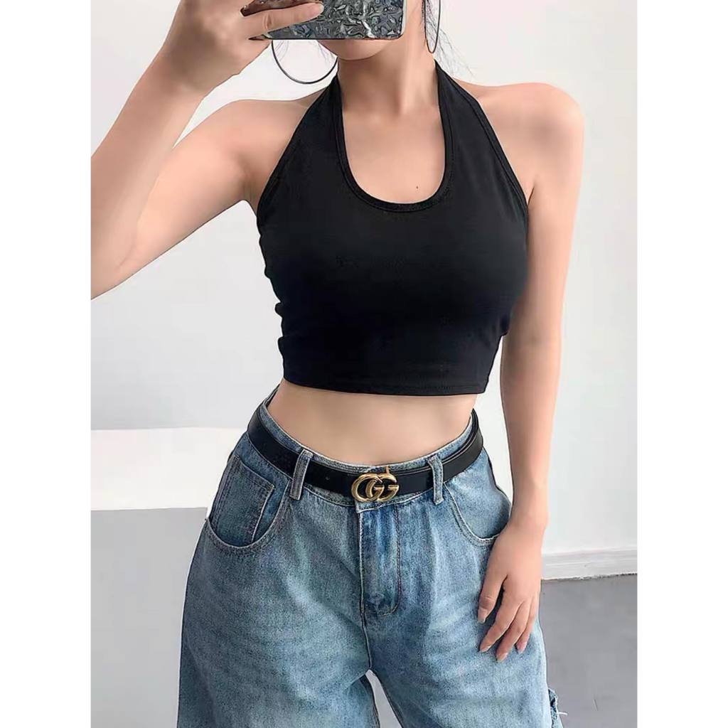 EMILY Korean Cotton Knitted Shoulder Backless Halter Crop Top New trend ...