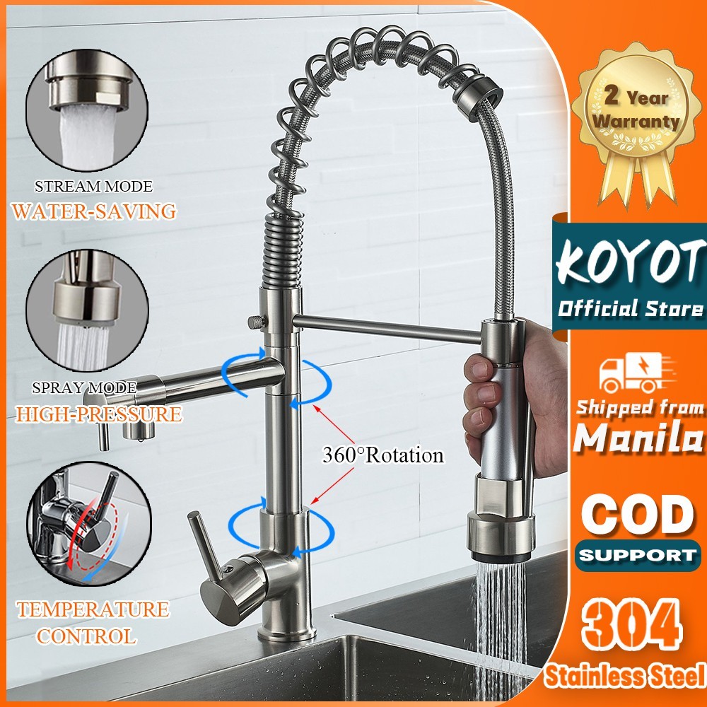 Kinyo 304 Stainless Steel Pull Out 2 in 1 360°Rotate Kitchen Faucet Brass Body spring sink ...