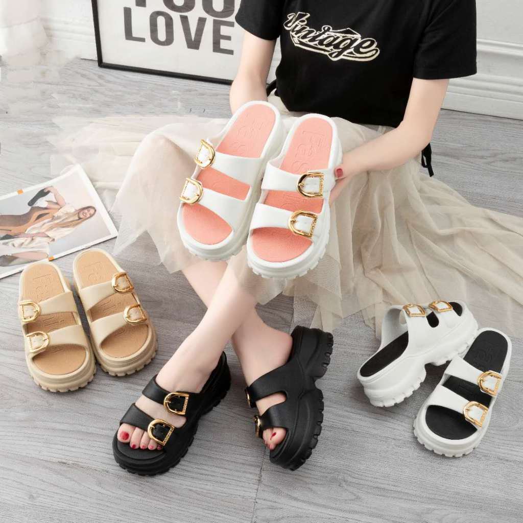 EVA Double Strap 8 CM WEDGES Sandals Thick Sole Elevated Slippers Beach ...