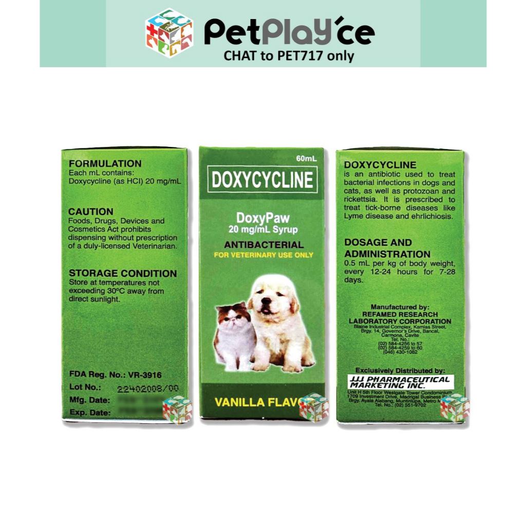 Doxypaw Doxycycline 20mg/ml Syrup Antibacterial for Dog & Cat 60mL ...