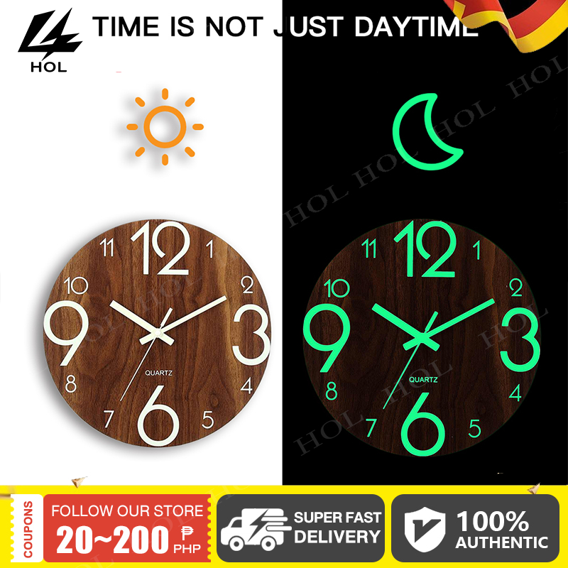 wooden wall clock glow in the dark fluorescence digital clock 12inches ...