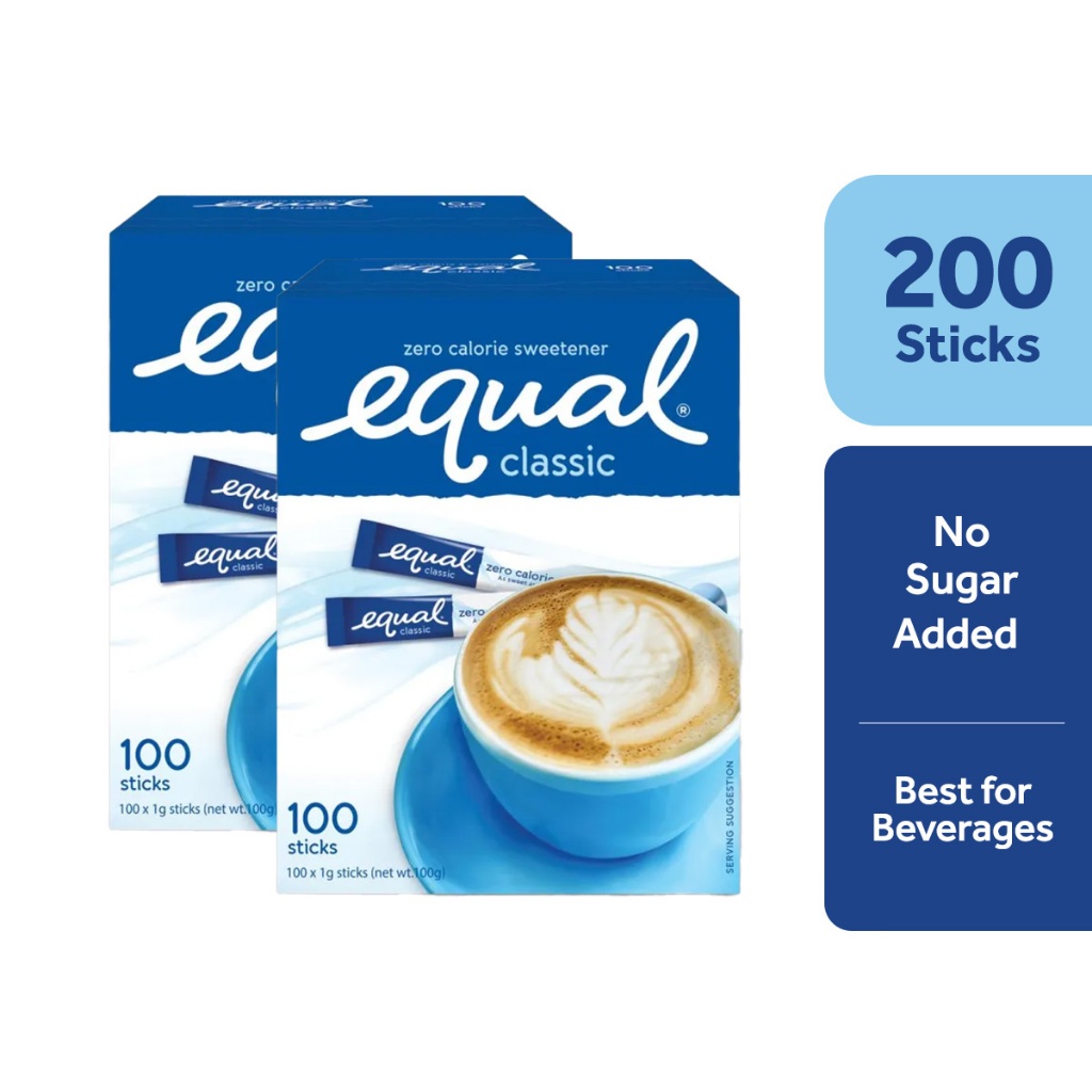 Equal Classic Zero Calorie Sweetener 100 Sticks - 2 Boxes (Sugar ...