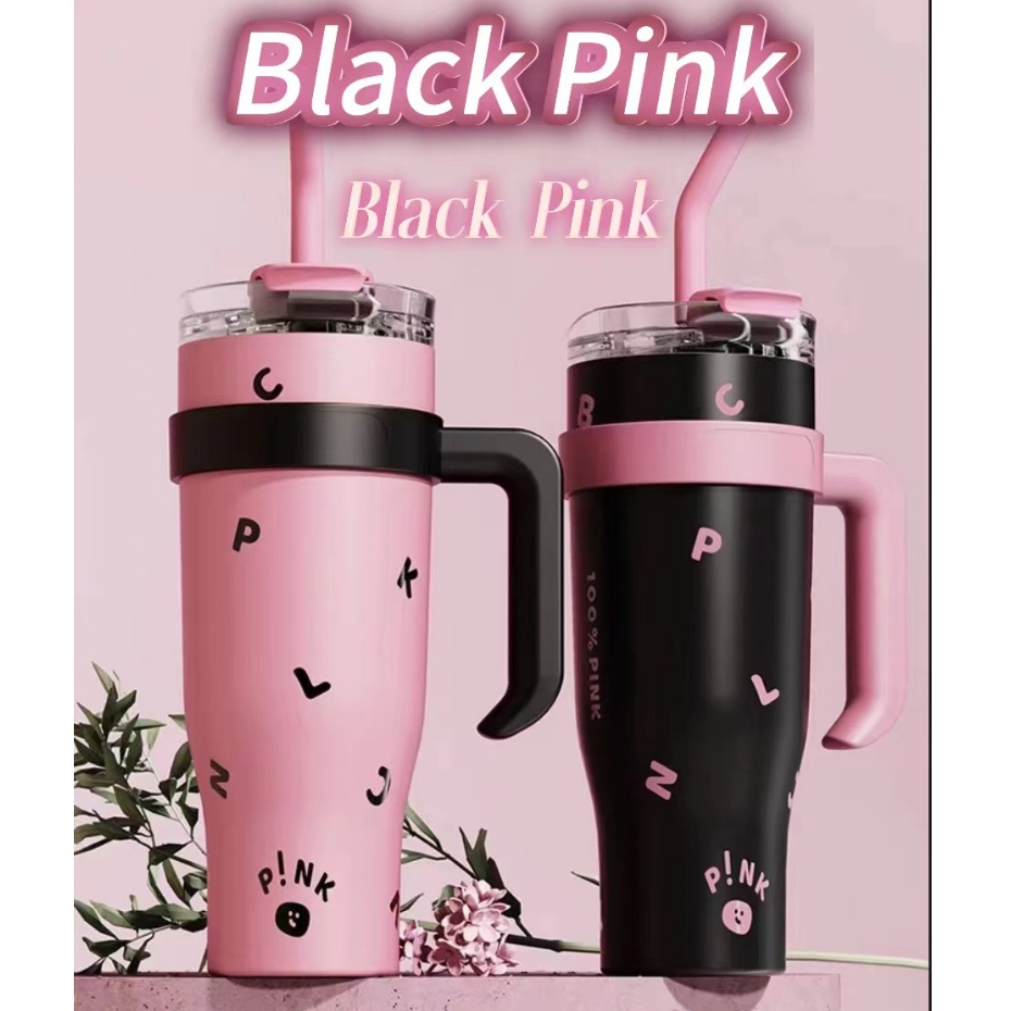 40oz/1200ml Black Pink 304 stainless steel handle straw Sports thermos cup blackpink color ...