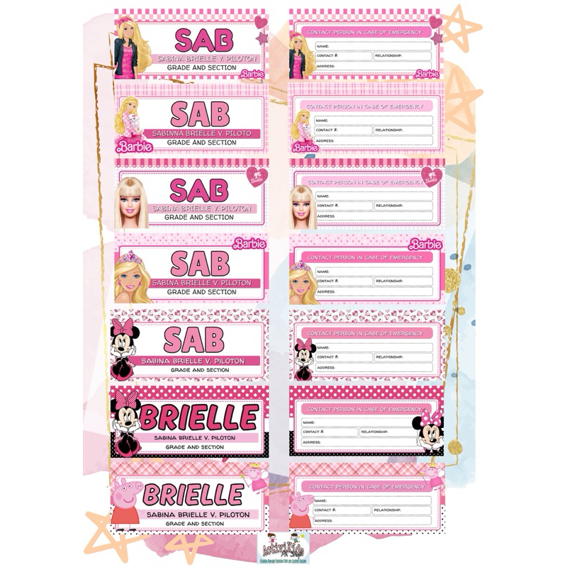 Laminated Name Tag Barbie Peppa Minnie Mouse with Lace | Shopee Philippines