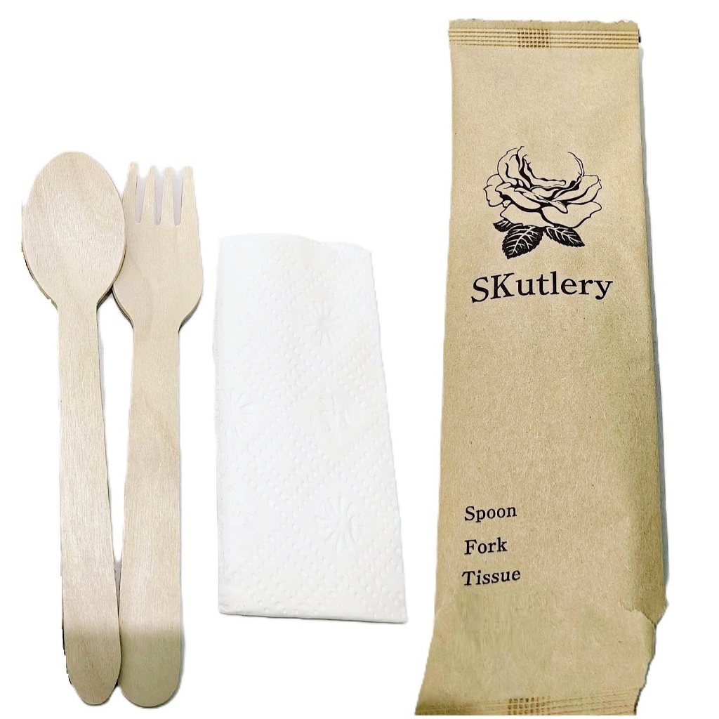 3in1 cutlery set Wooden Spoon Fork Tissue w/pouch 100set ECO friendly ...