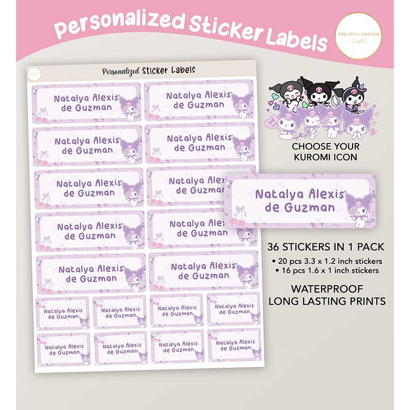 Personalized Cute Sanrio Kuromi Name Sticker Labels, Waterproof Name ...