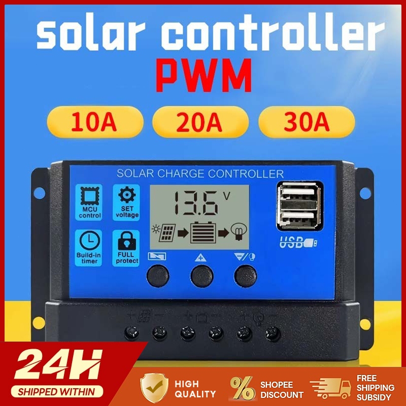 Hitools 10/20/30A PWM Solar Panel Regulator Charge 12V/24V Controller battery charger LCD ...