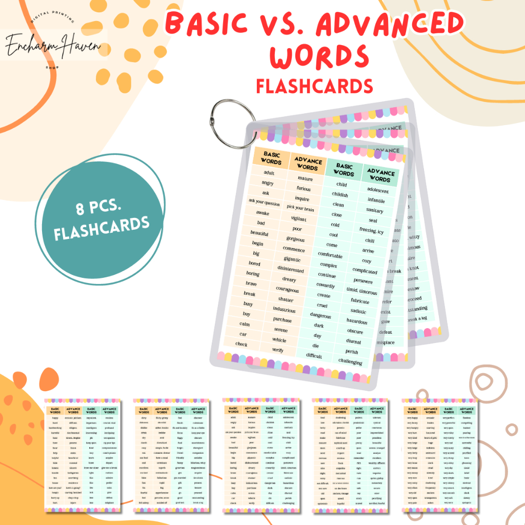 'BASIC VS. ADVANCED WORDS' Fully Laminated Educational Flashcards [8 ...