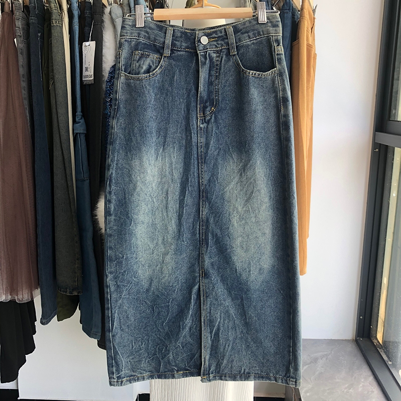 Long Denim skirt korean palda Magon Cargo skirt with slit penci A-line ...