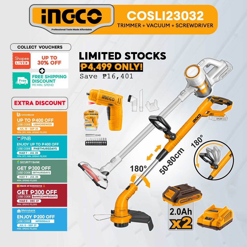 Ingco Li-Ion 3Pcs Combo Kit Set Cordless Grass Trimmer Vacuum Cleaner ...