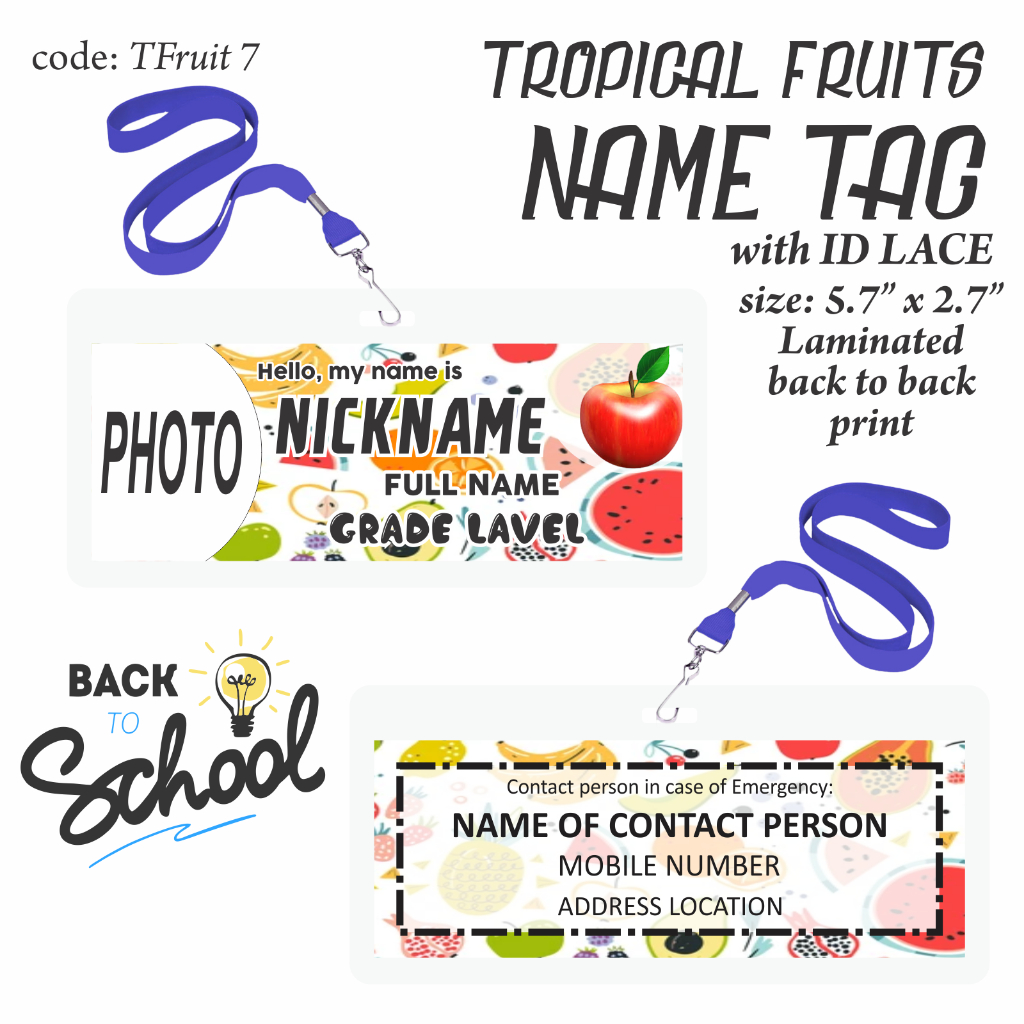 TROPICAL FRIUTS Name Tag Personalized Back to Back Laminated with ID ...