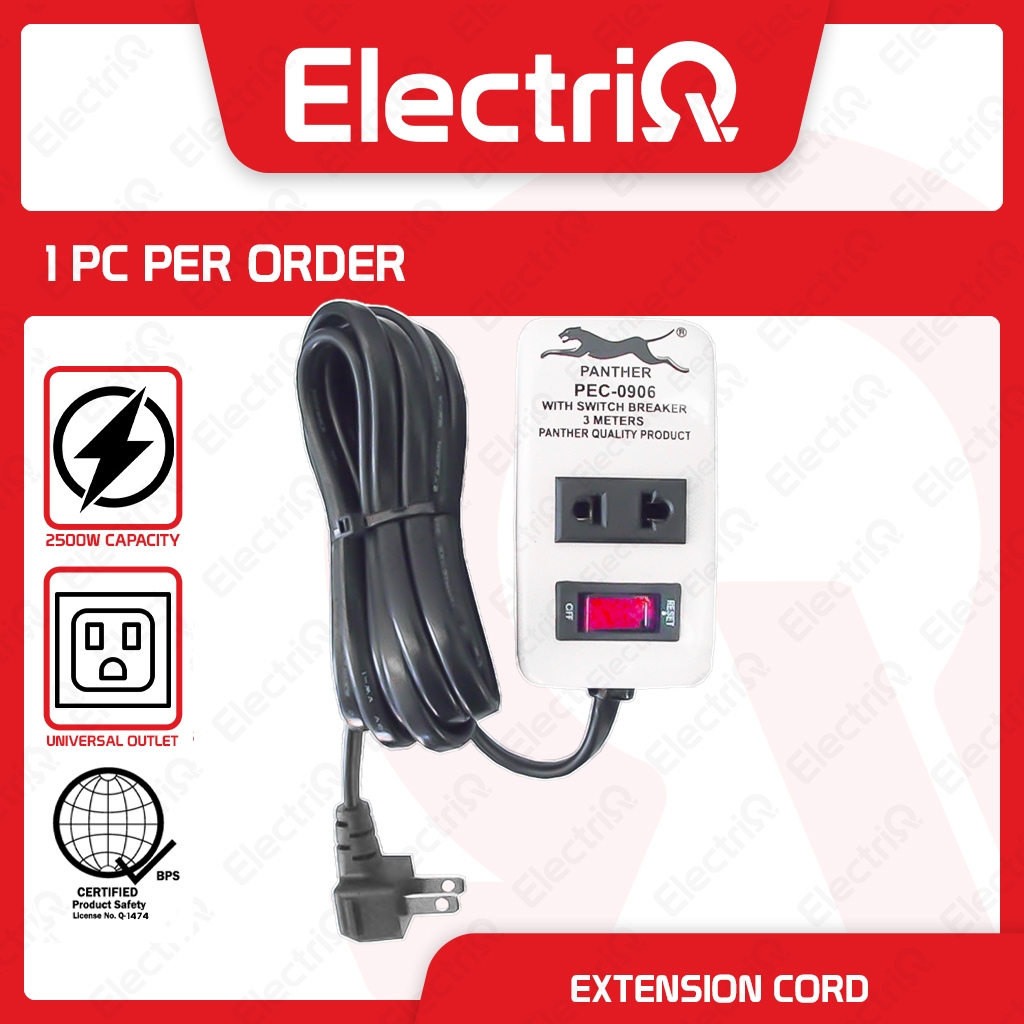 Electriq l Panther Power Extension Cord Cable Wire w/ Outlet 3 meters ...