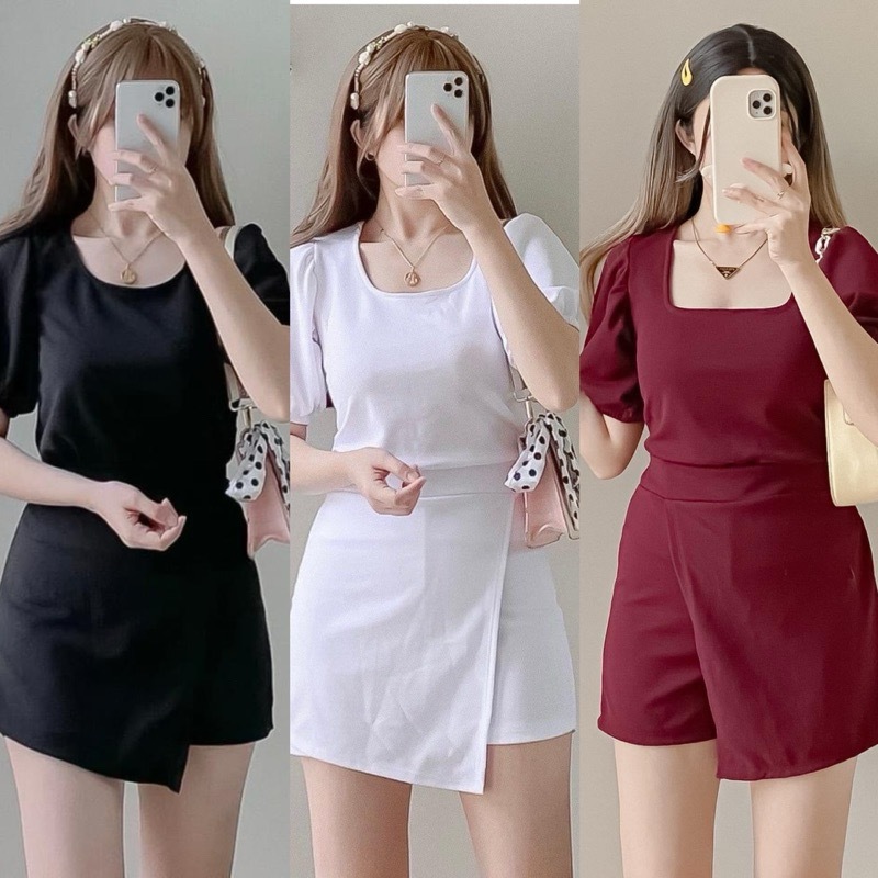 【MISS YOU】Vein fashion terno puff sleeve top terno skort set for women ...