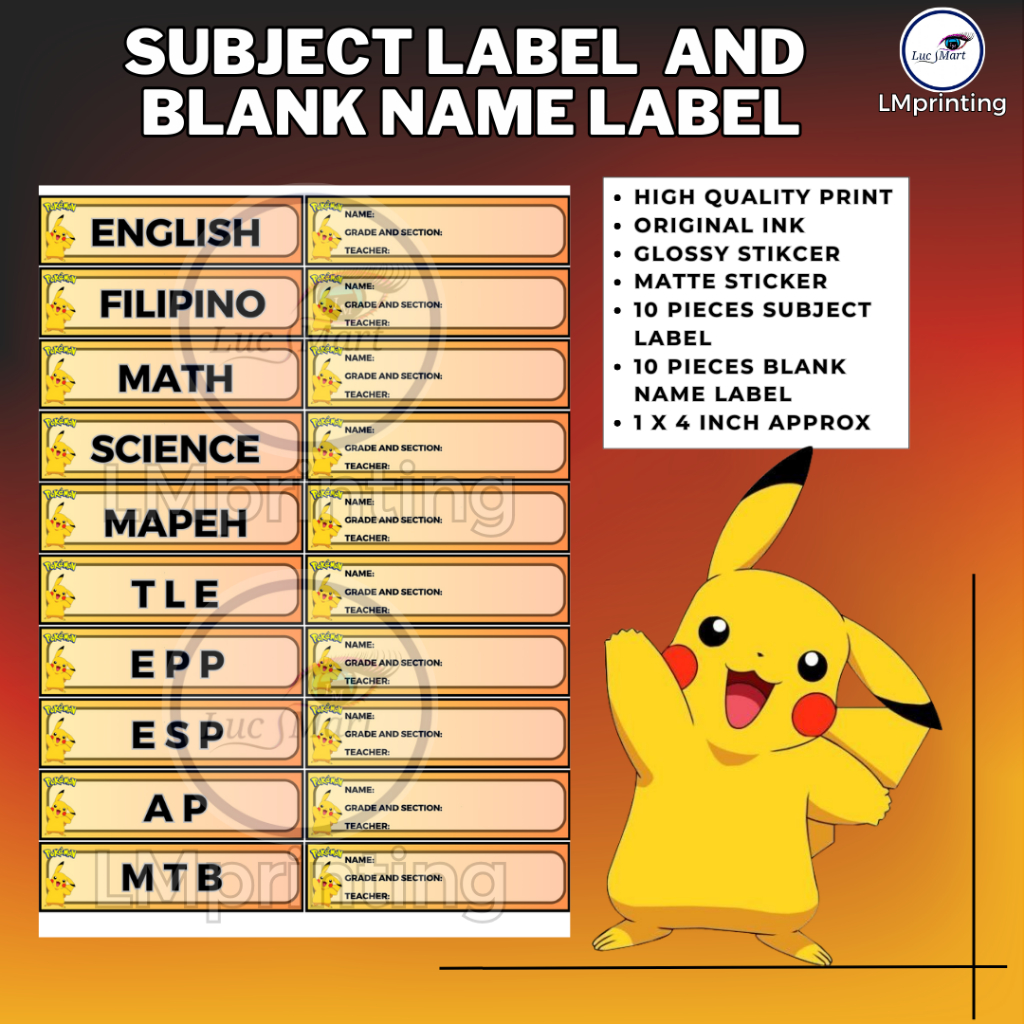 LUCSMART printsNcrafts POKEMON subject and Name Label Set with 10 ...