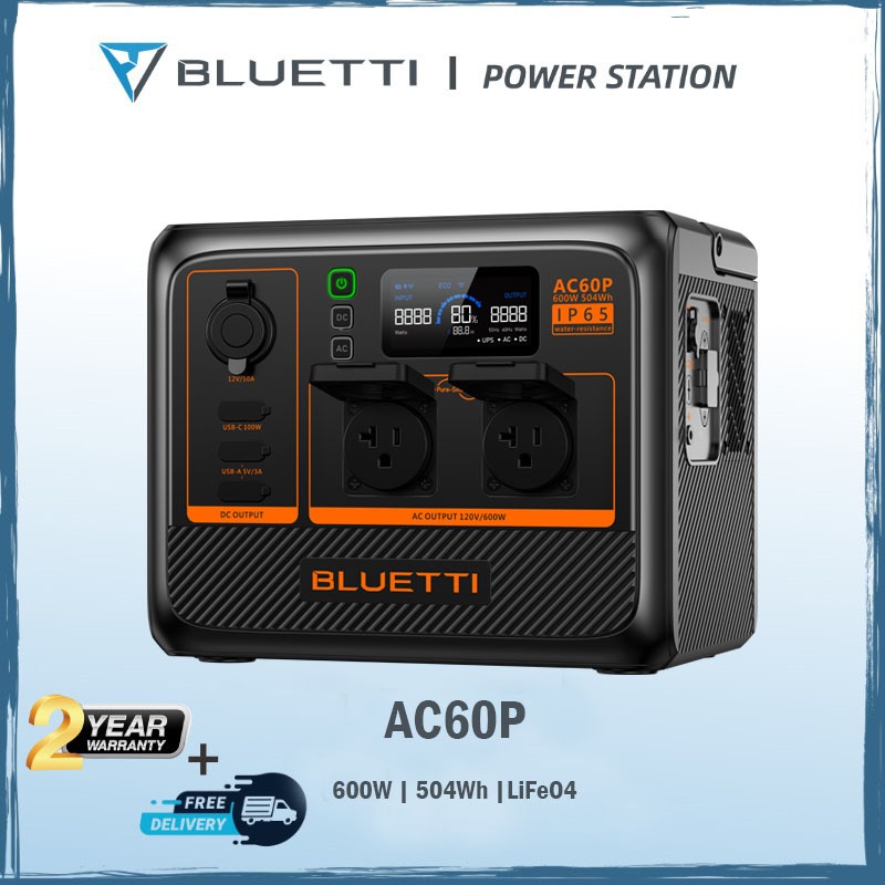 Bluetti AC60P LiFePO4 600W/504Wh Portable Power Station Solar Generator Waterproof and Dustproof ...