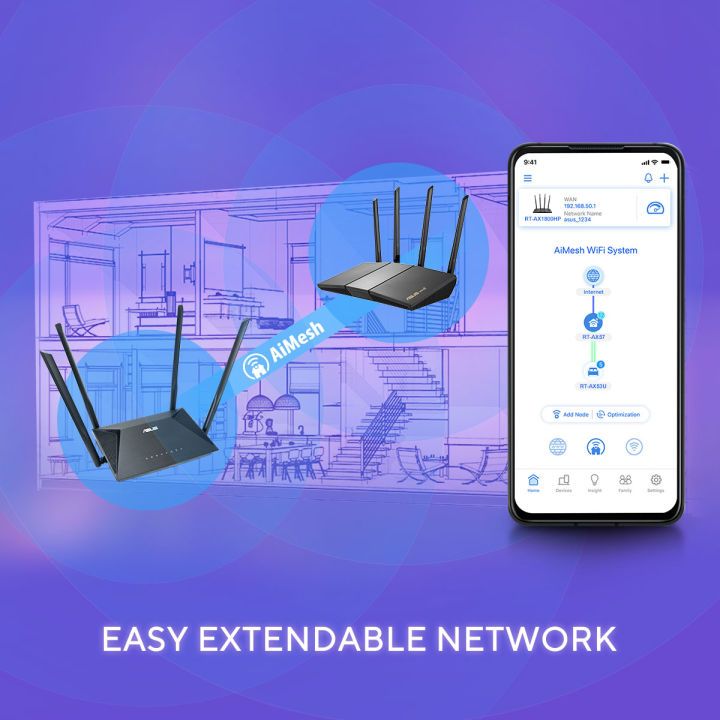 ASUS RT-AX52 (AX1800) Dual Band WiFi 6 Extendable Router, AiMesh ...