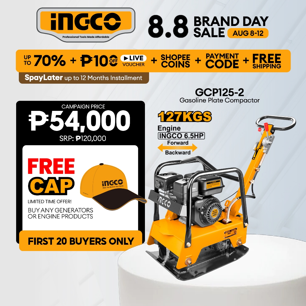 Ingco Gasoline Reversible Plate Compactor 127Kg Petrol Engine GCP125-2 ...