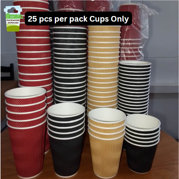 25 Pcs cup 8oz,12oz,16oz Red/Black/Kraft Ripple Paper Cup 90mm Coffee ...