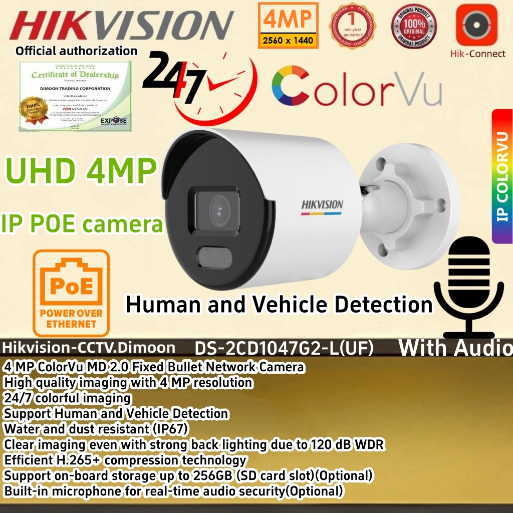 Hikvision 2MP/4MP 24H Fulll color Bullet IP Camera With audio Network ...