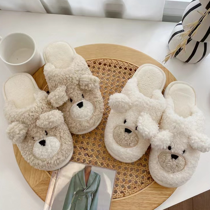 Lamb Wool Bear Slippers Cartoon House Indoor slippers Floor Bedroom ...