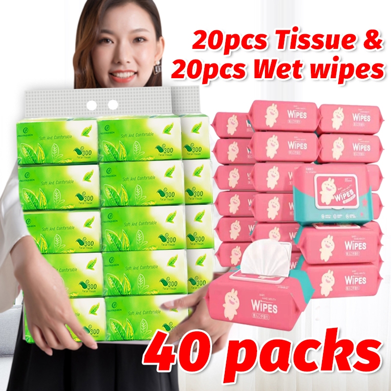 Combo 40 Packs Wipes (20 Packs) And Tissue (20 Packs) | Shopee Philippines