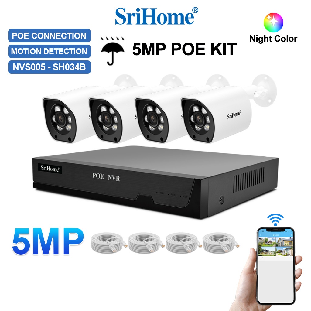 SriHome NVS005 4PCS 5MP POE Wired NVR cctv Security Camera Outdoor ...