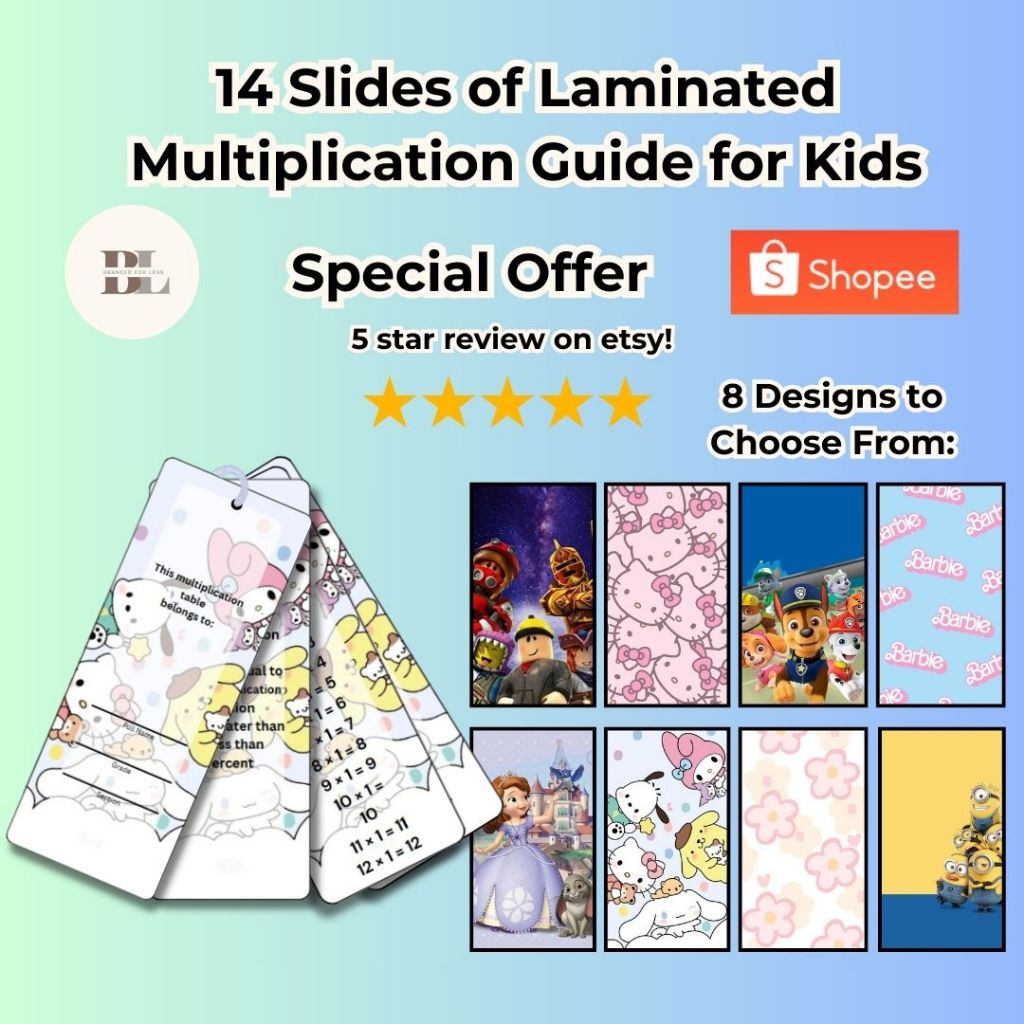 14 Slide Laminated Multiplication Table Guide for Kids 8 Designs ...