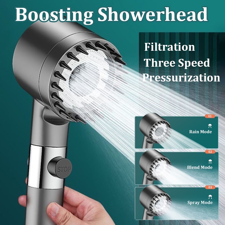 3-Speed Pressurized Shower Head Portable Handheld Booster Bathroom ...