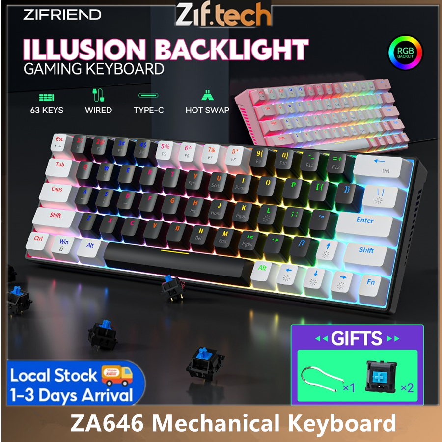 ZIFRIEND KA646 Mechanical Keyboard 64 Keys Rainbow Backlit Blue Red ...