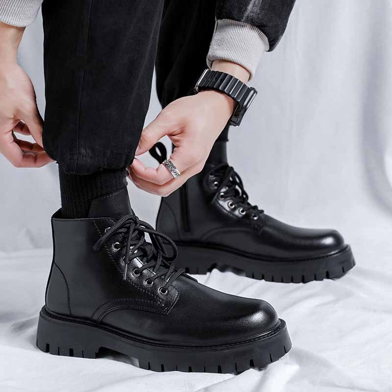 COD Men's Korean Martin Boots School Black Leather Shoes Mid Top Thick ...