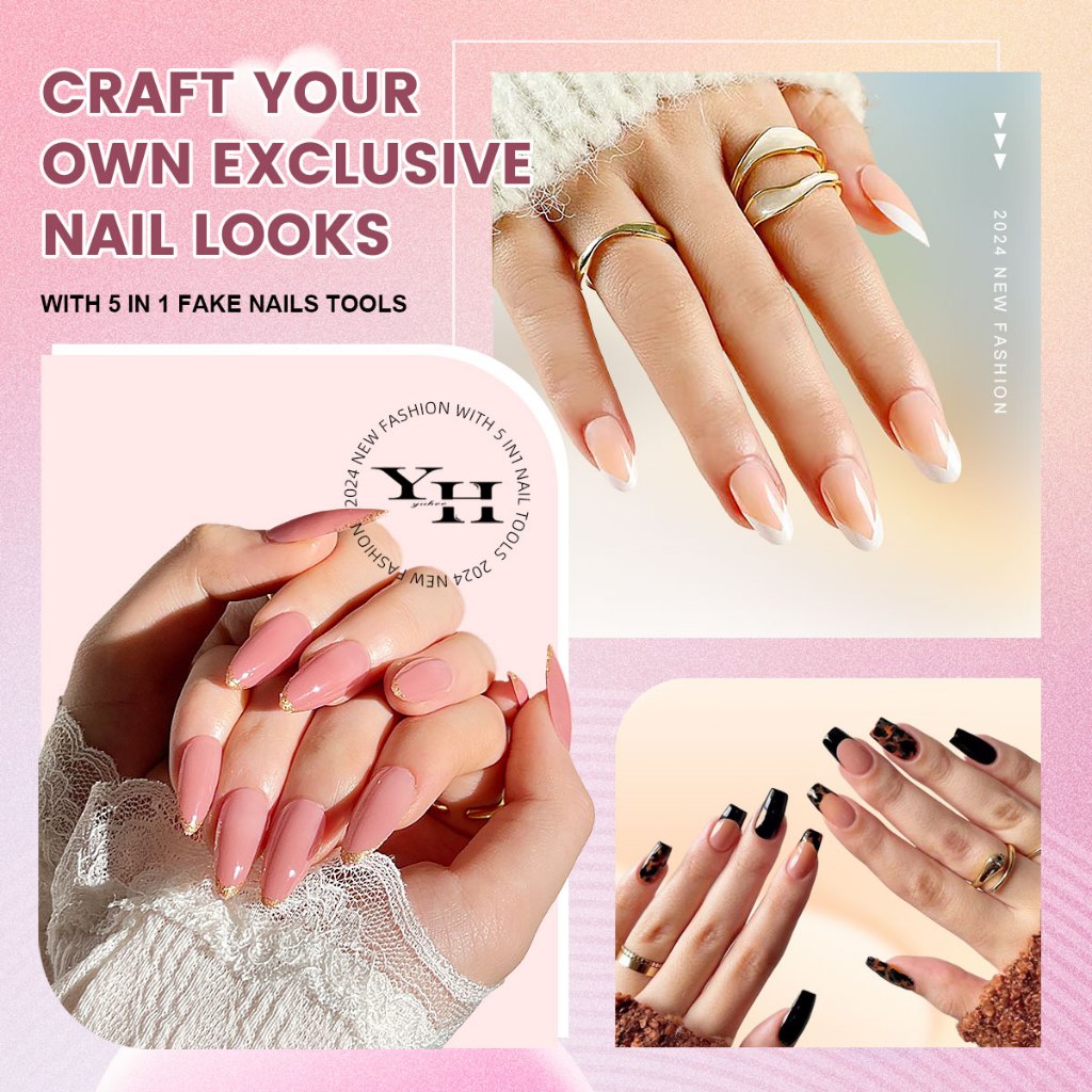 YH 24 Pcs/ Box Fake Nails Press On Nails Fake Nails With 5in1 Nail ...